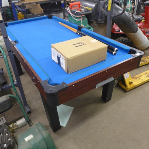 A BCE blue felt pool table with full set of balls, triangle and cues