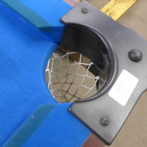 A BCE blue felt pool table with full set of balls, triangle and cues