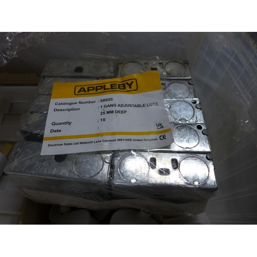 A quantity of sockets, back boxes, connecting strips and unused plugs