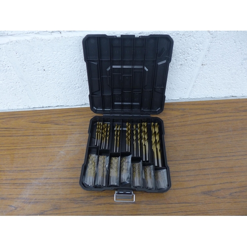 A boxed 100 piece drill set and 3 multi size step drills