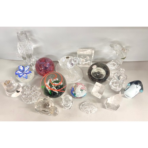 A collection of glass animals and paperweights, including Waterford ...