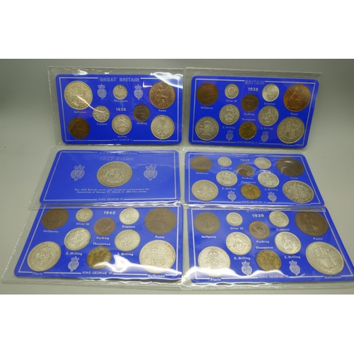 Five Great Britain coin sets, 1936 to 1940 and a 1937 Crown