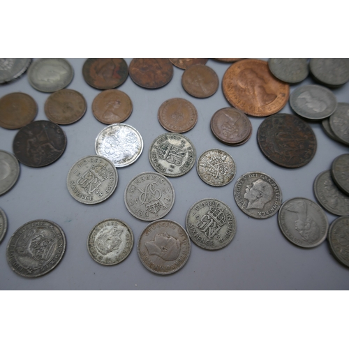 A collection of coins including two Victorian silver coins ...