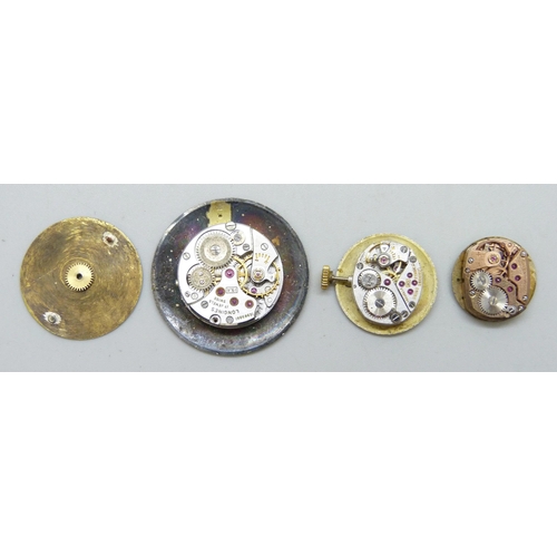 Two Longines watch movements, one Omega watch movement and a Rolex dial