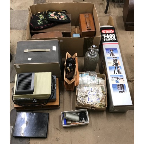 Assorted items including a soda syphon, artists paint box, radio, etc.