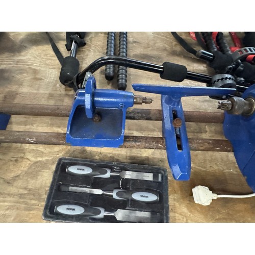 A Record Power wood lathe with a quantity of Wickes wood turning chisels