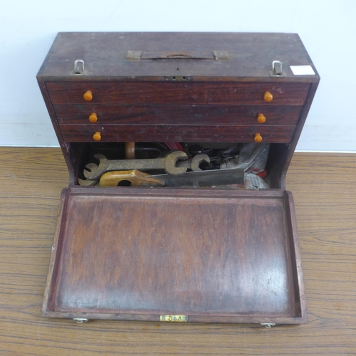 An early 20th Century beech 3 drawer engineers tool chest with assorted ...