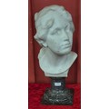 A French marble bust of a lady, on grey marble socle, indistinctly ...