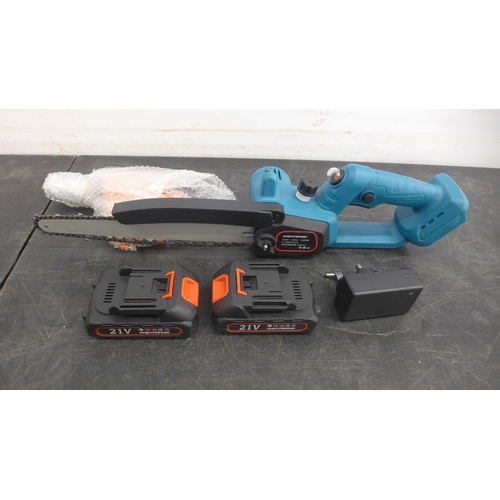 A 10" mini chainsaw - 2 chains, 2 chain guards and 2 batteries, unused