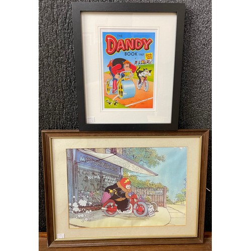 A Carl Giles motorbike print and a 1987 Dandy comic book cover print ...