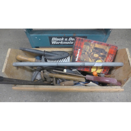 A Black&Decker workmate 400 folding work bench and a wooden tool box ...
