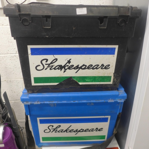 2 Shakespeare fishing tackle boxes containing an assortment of supplies ...