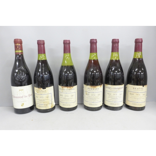 Six bottles of vintage red wines Pommard Recolte 1976, Beaune Recolte ...
