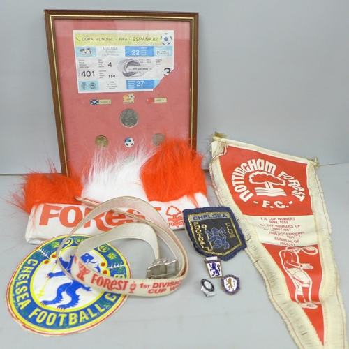 Vintage football related items, two enamelled Chelsea badges ...
