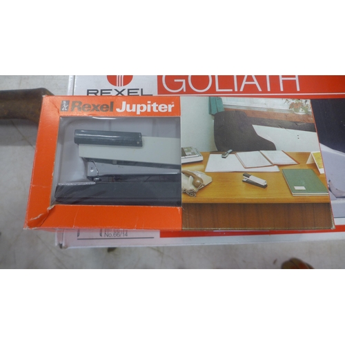 A Goliath Rexel heavy duty stapler (boxed), a Rexel Jupiter stapler ...