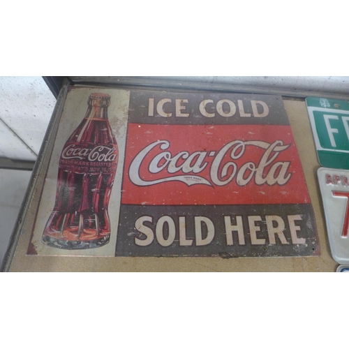 6 Assorted vintage style tin metal signs including 5 American number ...