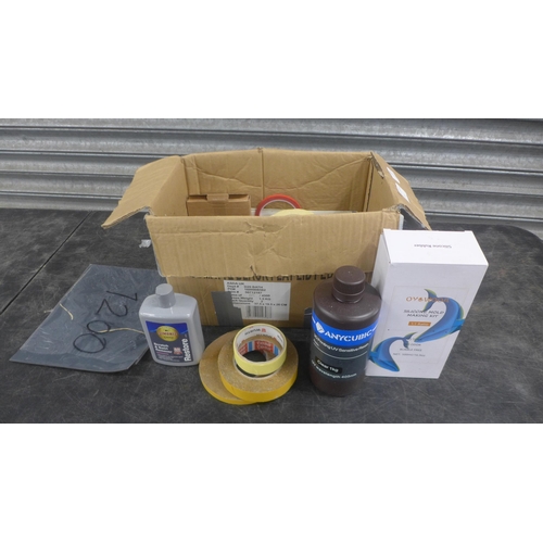 A box of assorted consumables including various tape, a tub of scratch ...