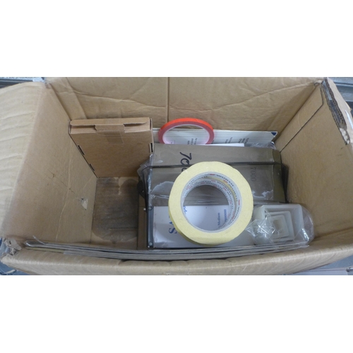 A box of assorted consumables including various tape, a tub of scratch ...
