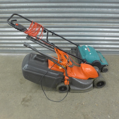 A Flymo EM032 electric mower with collection box and a Bosch electric ...