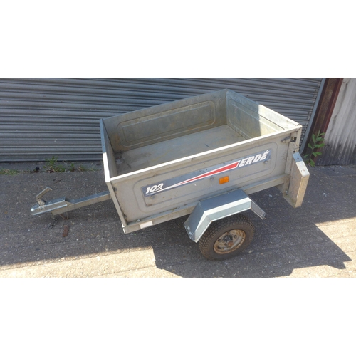 An Erde 102 single axle tipping trailer