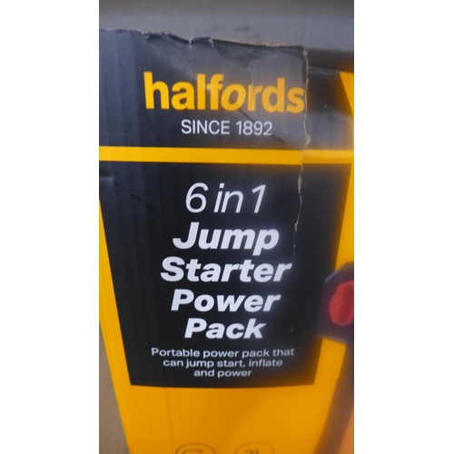 A boxed Halfords 6 in 1 jump start power pack