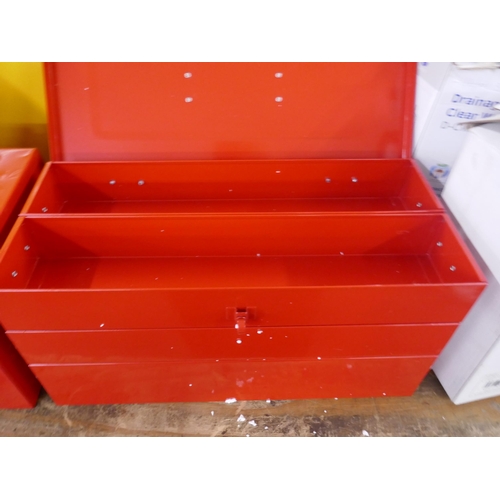 Three assorted red metal tool boxes *This lot is subject to VAT