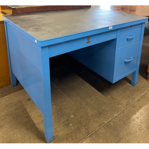 An Art Metal blue painted and black vinyl topped desk