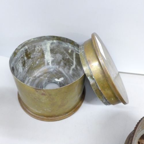 A desk bell, a trench art shell pot with lid and a Coronation chair ...