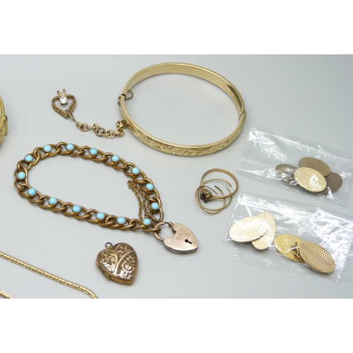 A collection of gold plated and rolled gold jewellery including a 9ct ...