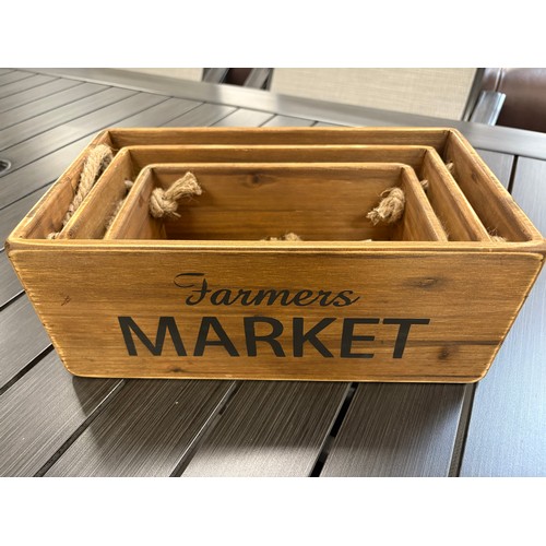 Three rustic graduated decorative farmers market boxes