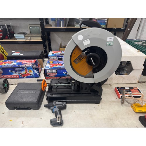 A quantity of tools including an Evolution 240V chop saw, a Tooltec ½ ...