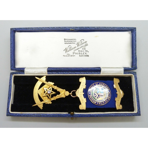 A 9ct gold Masonic medallion set with a white stone, Lodge St Barchan ...