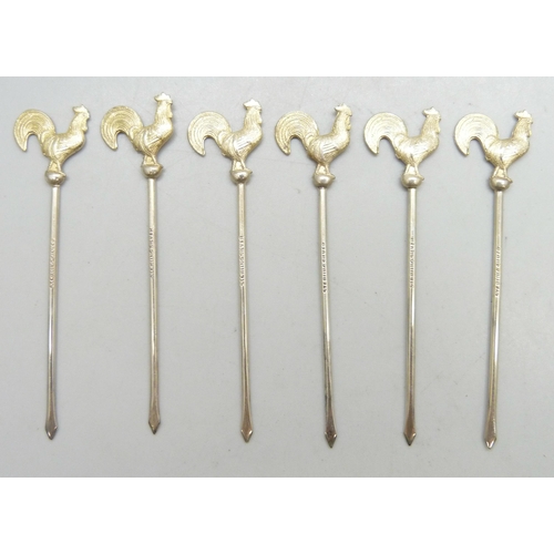 A set of sterling silver cocktail sticks in the form of cockerels, 23g ...