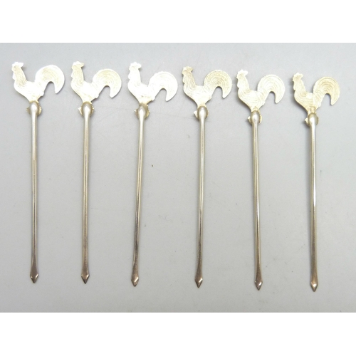 A set of sterling silver cocktail sticks in the form of cockerels, 23g ...