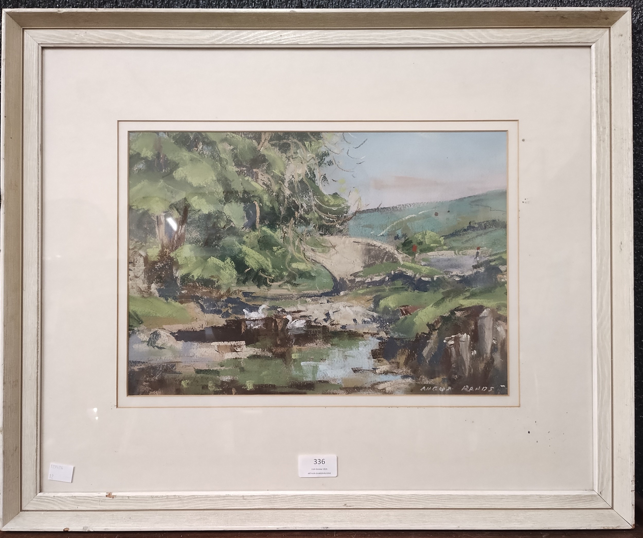 Angus Rands, river landscape with swans, gouache, framed