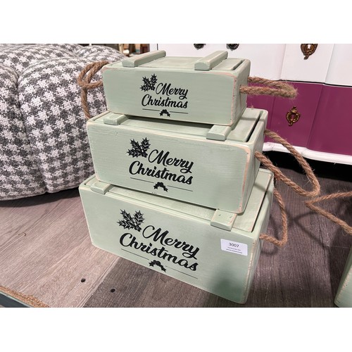 A set of 3 duck egg painted 'Merry Christmas' storage boxes