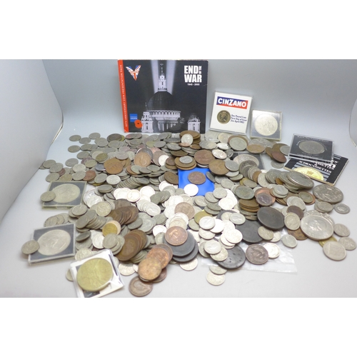Coins; a collection of coins including a Victorian silver crown, coin ...