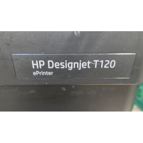 A HP Design Jet T120 E-Printer with assorted part full ink cartridges