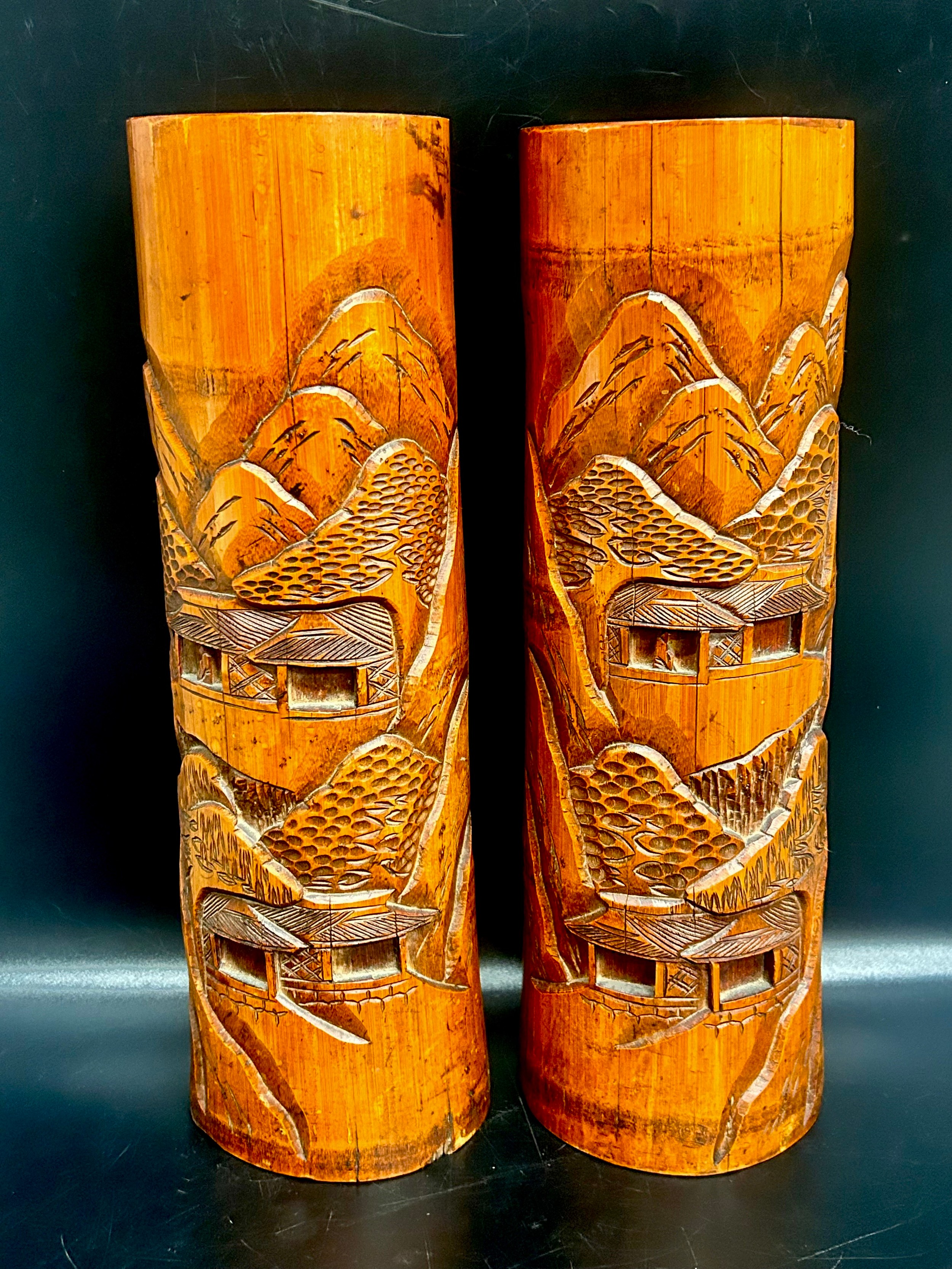 A pair of large Chinese carved bamboo brush pots, 37cm