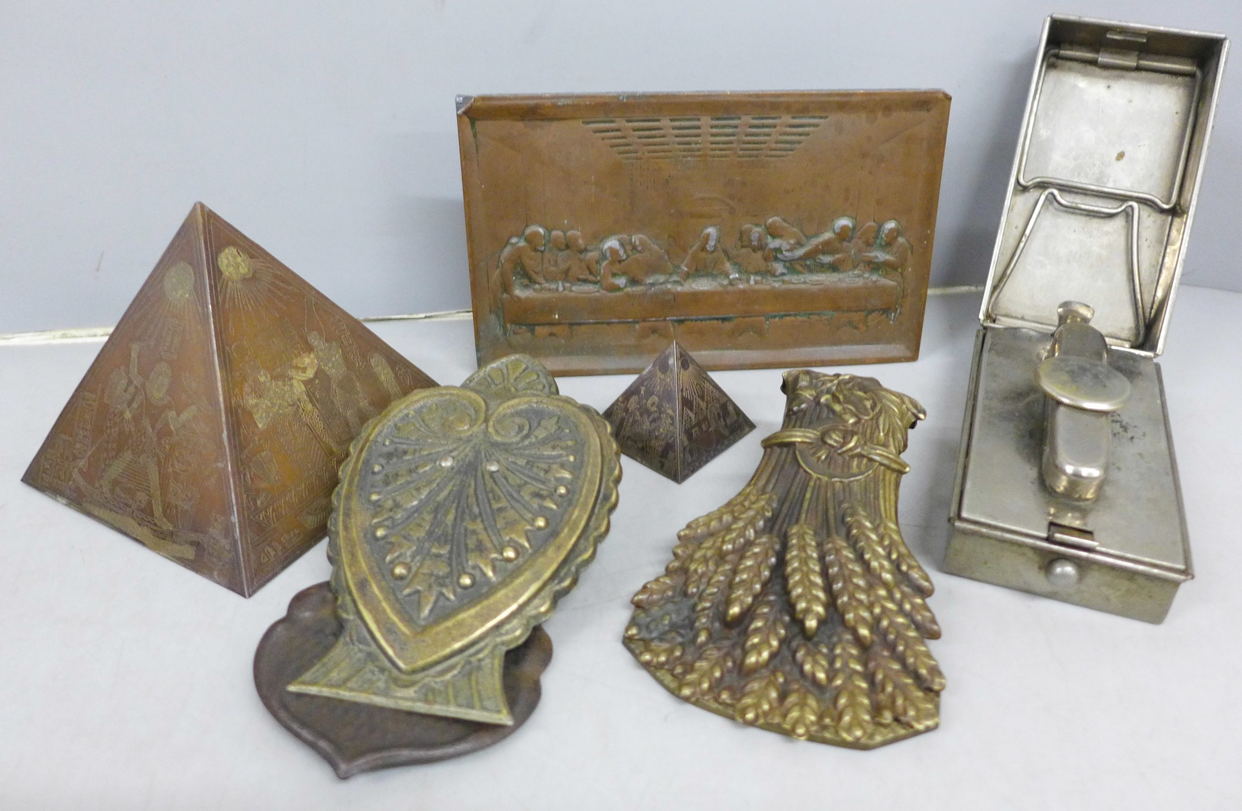Two Victorian paper clips, a Last Supper plaque, two tin pyramids and a ...