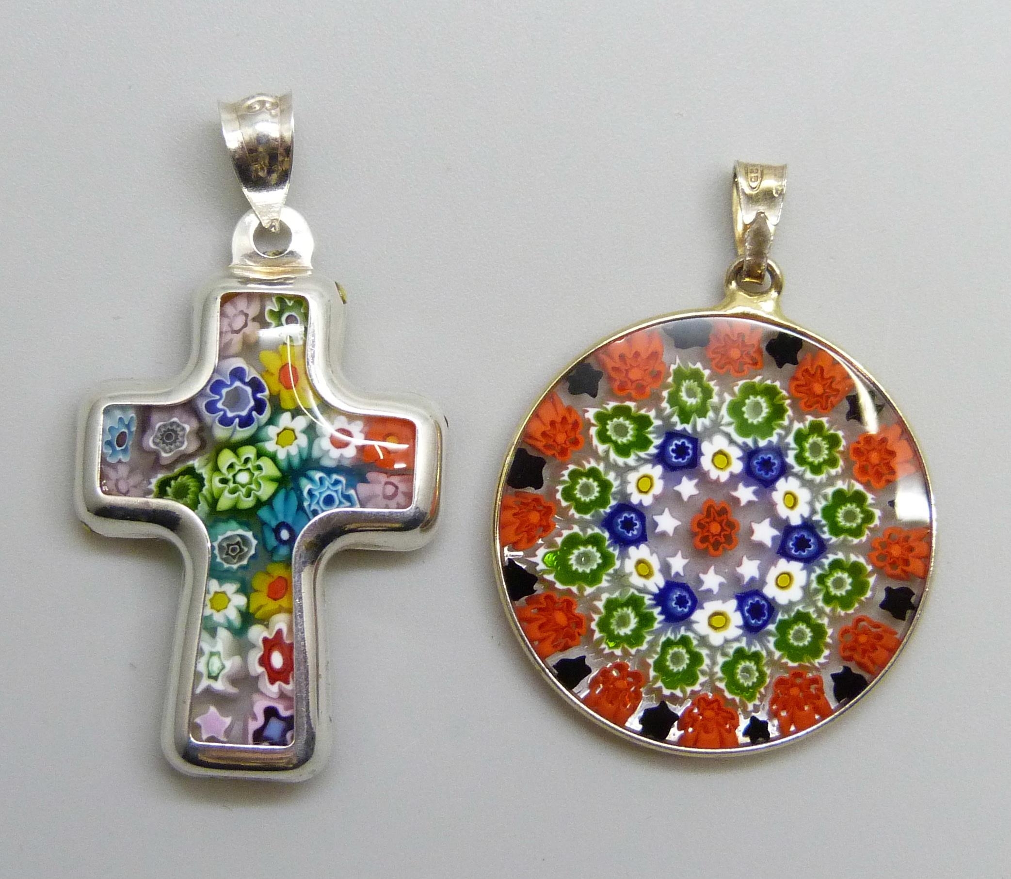 Two millefiori silver pendants including a cross example, 4cm including ...