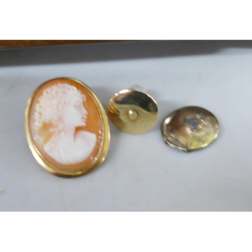 A Chinese carved wood jewellery box and contents including a 9ct gold ...