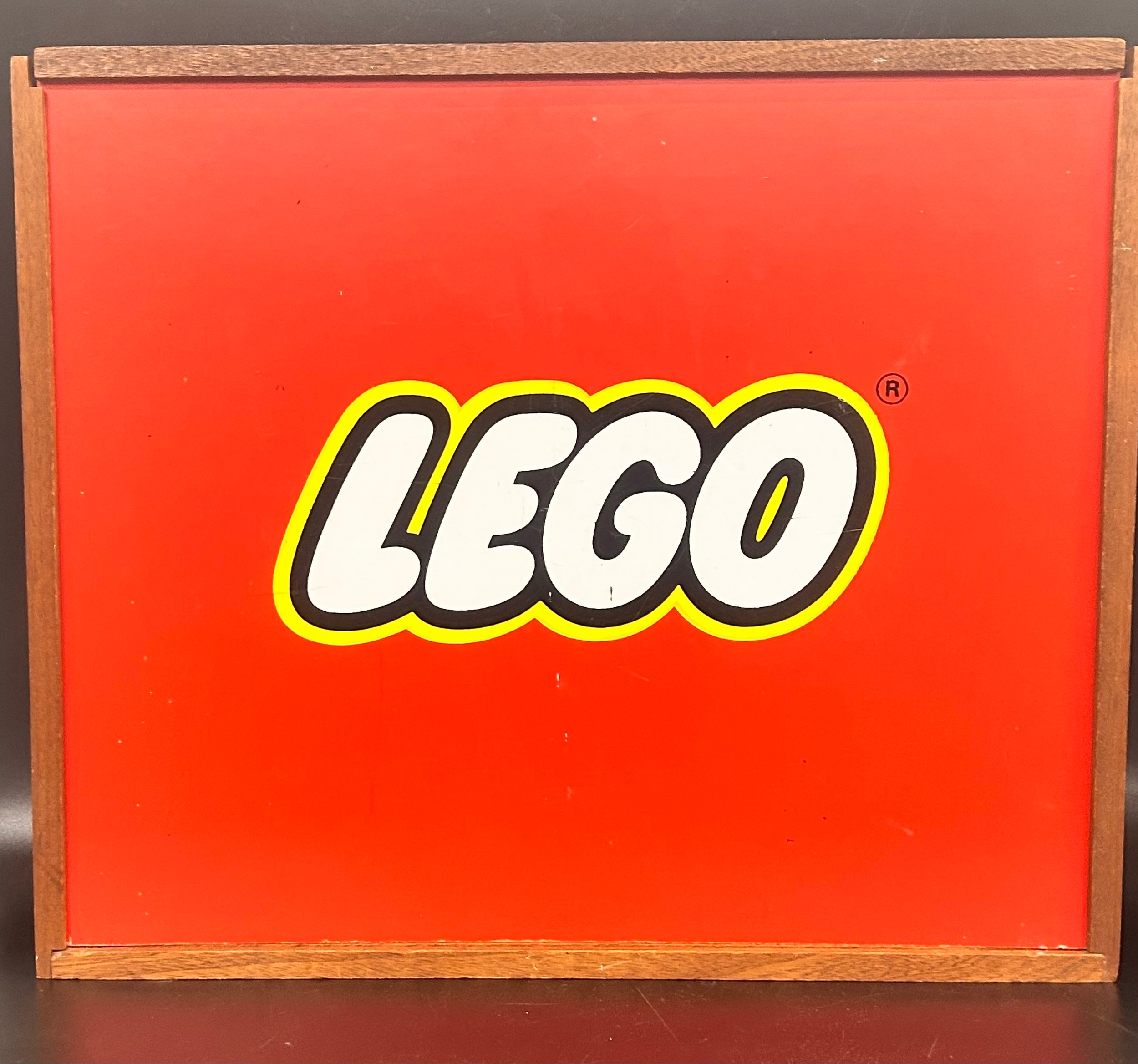 A Lego storage box, wooden with sliding top, approximately 47x40x7cm