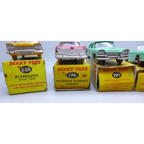 Six Dinky Toys die-cast model vehicles, Numbers 132, 173, 174, 191, 265 ...
