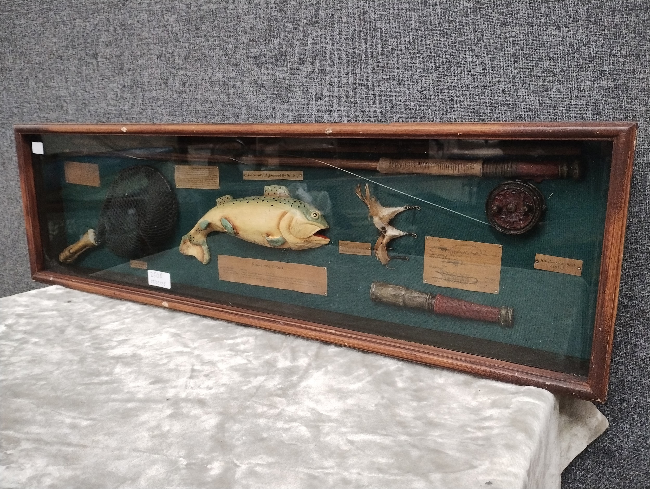 A rainbow trout fishing diorama, cased