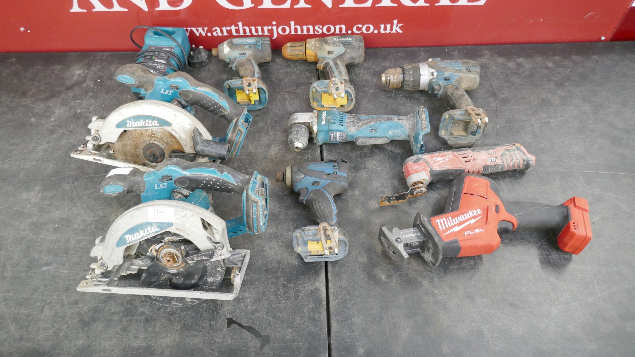Assorted battery powered hand tools including Milwaukee 18v ...