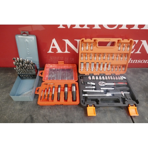 A 7 piece screw, bolt and stud extractor set, a 53 piece socket wrench ...