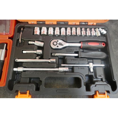 A 7 piece screw, bolt and stud extractor set, a 53 piece socket wrench ...