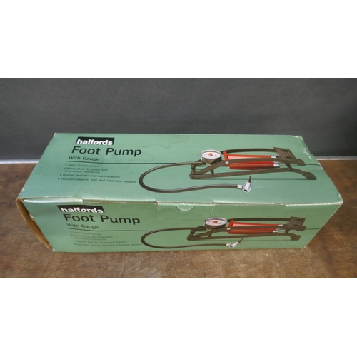 A quantity of assorted items including Halfords foot pump with gauge, a ...