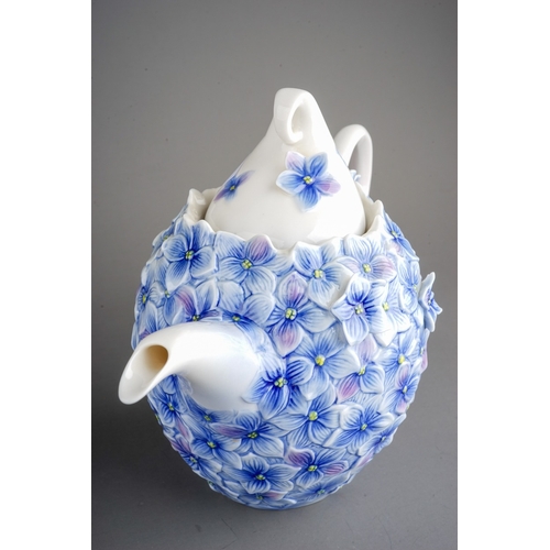 A Franz three piece china tea service in blue Hydrangea floral bouquet ...